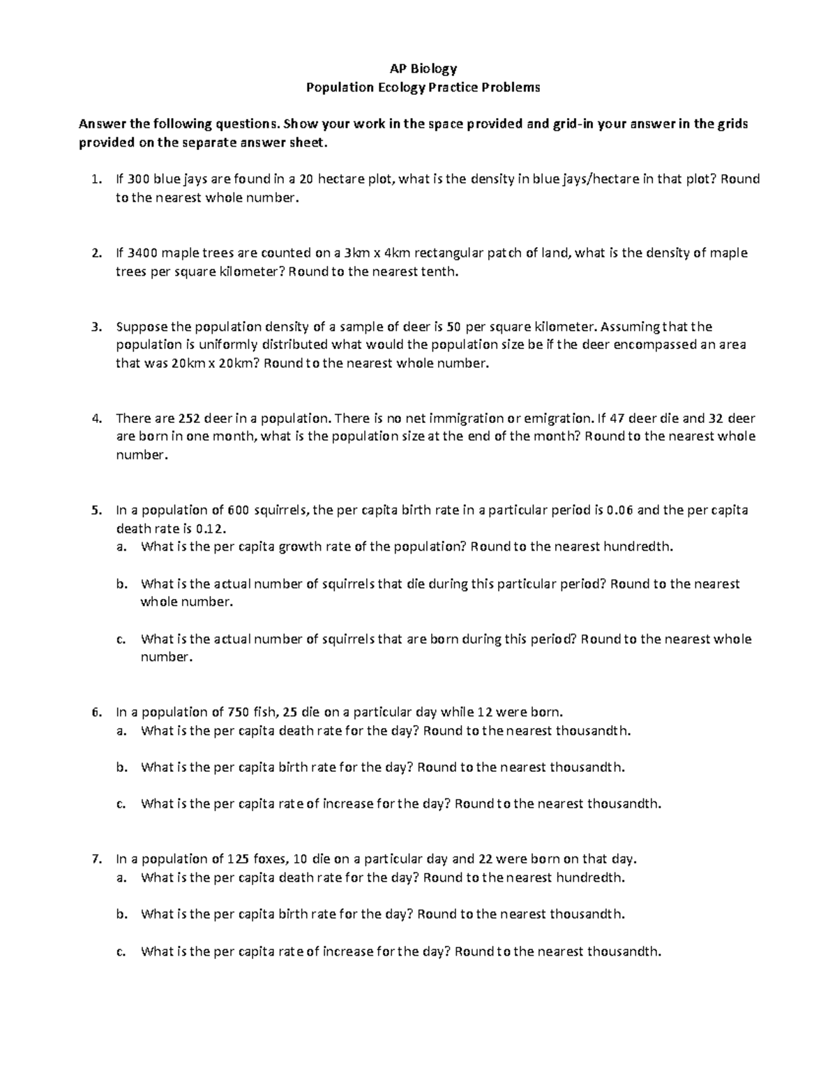 AP Biology Population Ecology Practice Problems Worksheet - Studocu