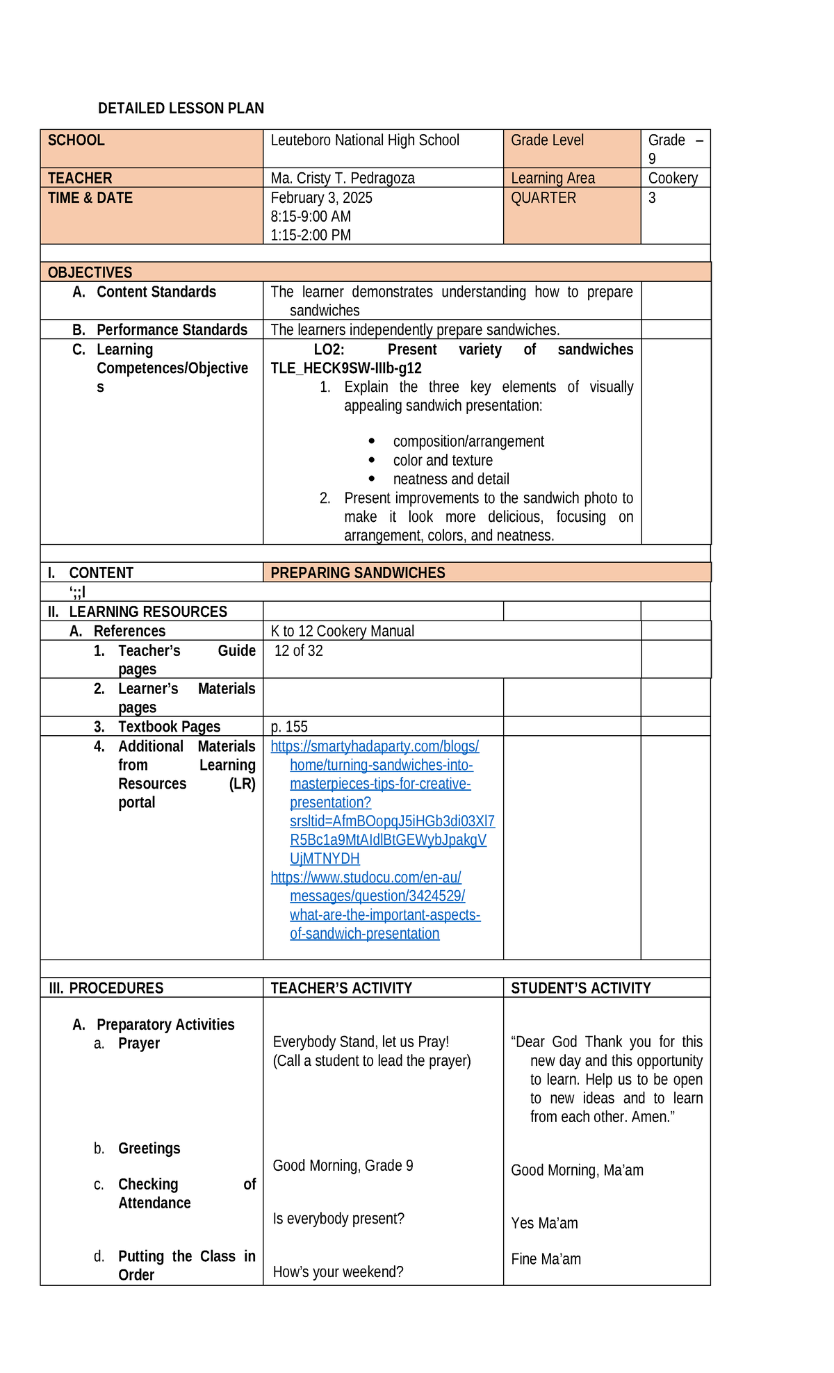 Detailed Lesson Plan: Cookery (Grade 9) - Sandwich Presentation ...