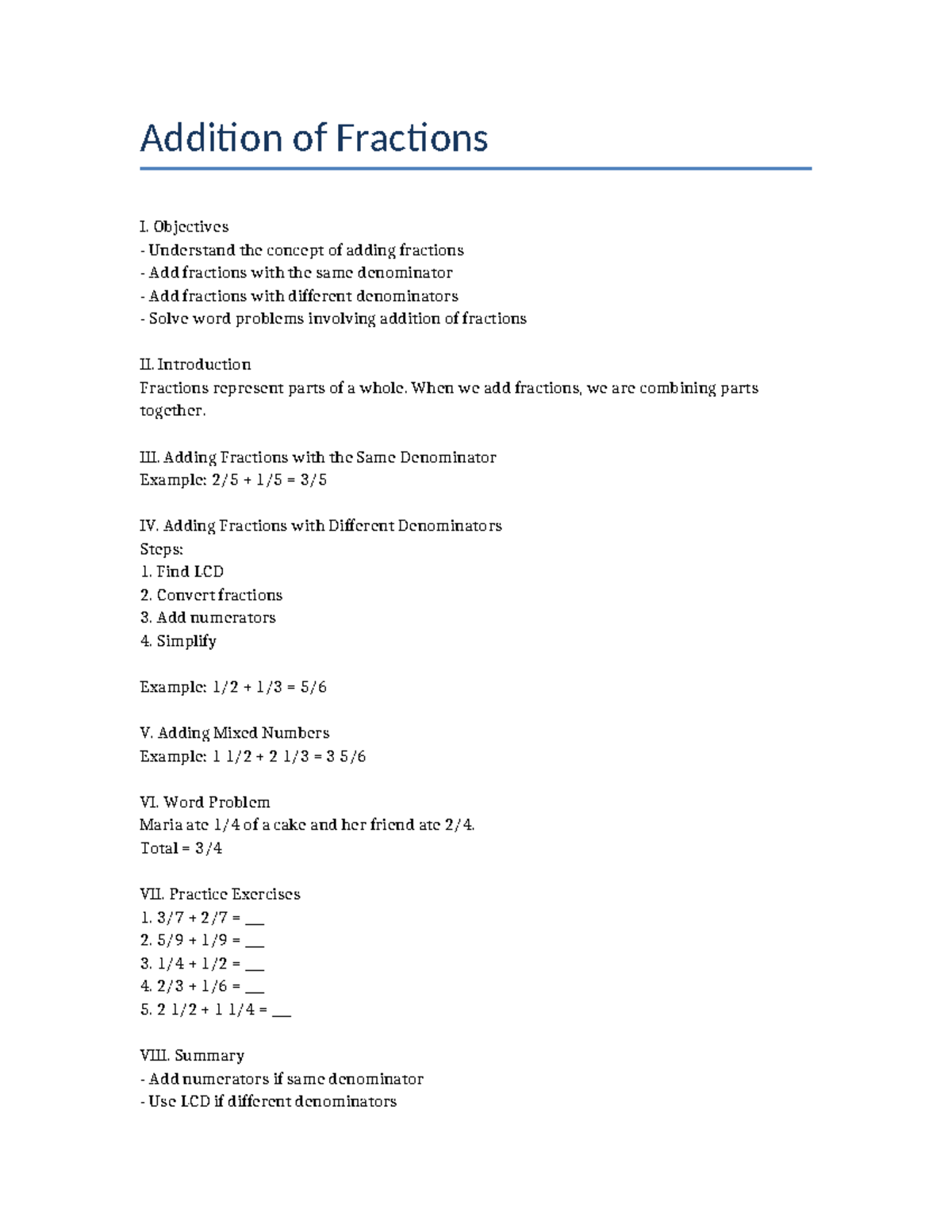 Addition of Fractions: Concepts and Practice Exercises - Studocu