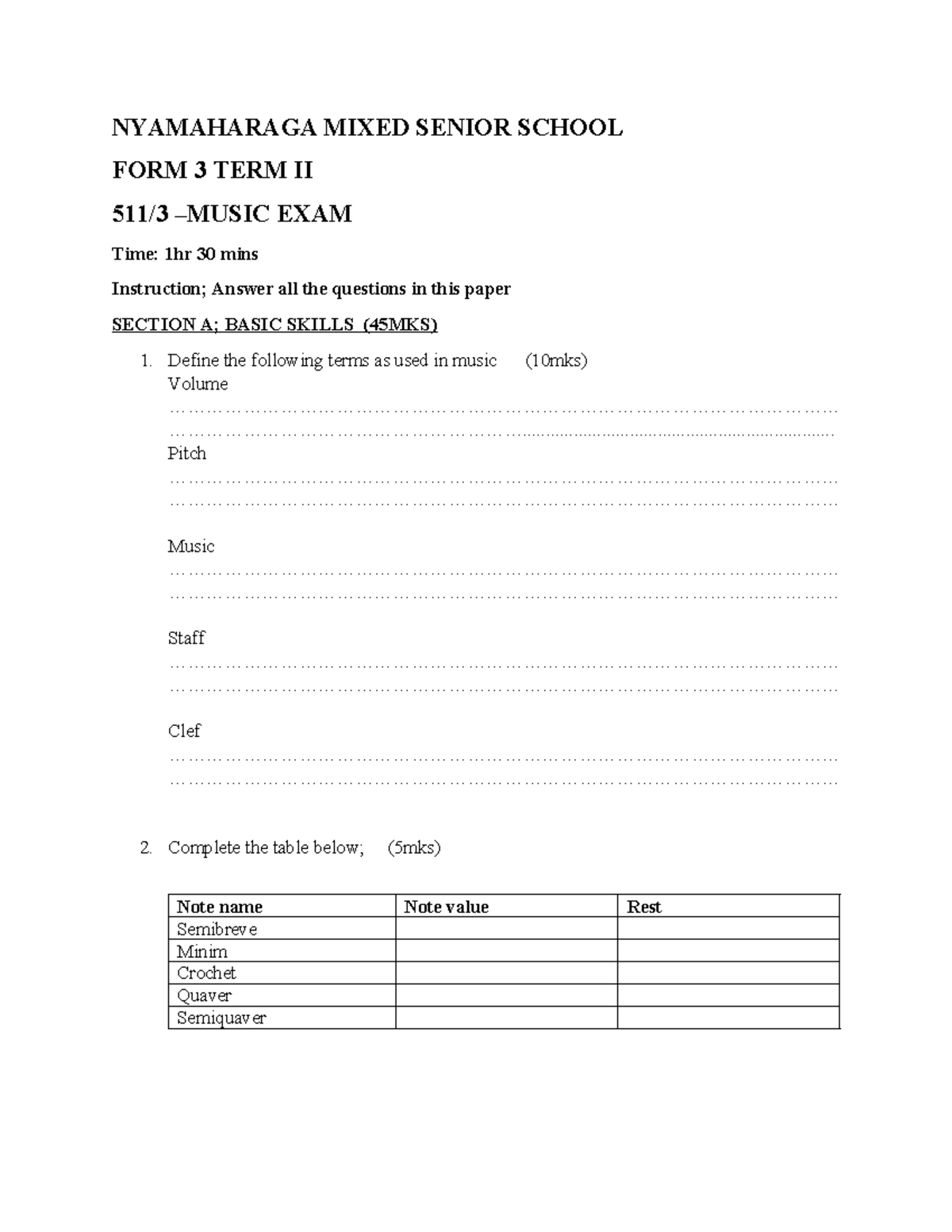 F3 Music - Term II Exam Paper: Key Concepts & Skills - Studocu