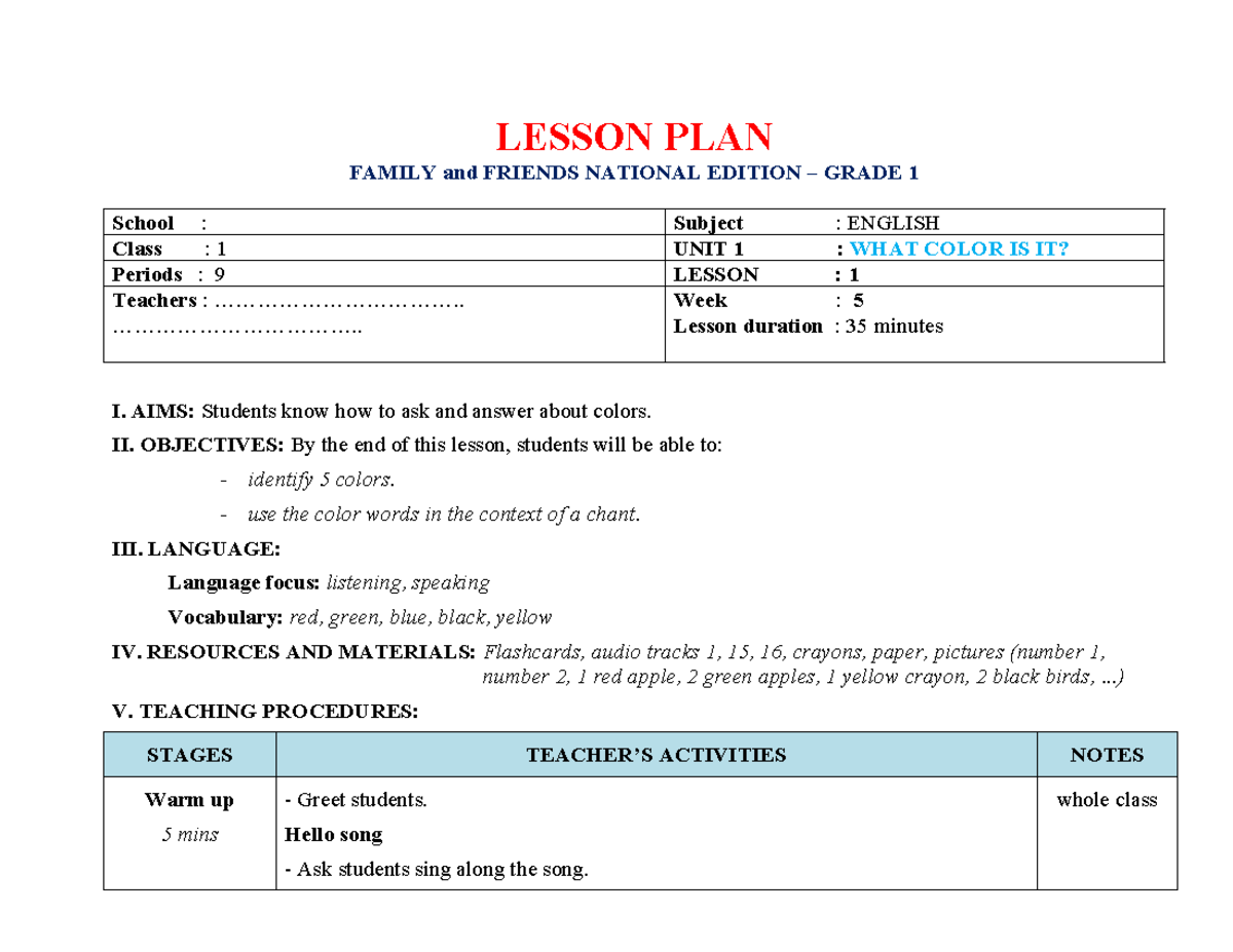 LESSON PLAN: FAMILY AND FRIENDS NATIONAL EDITION GRADE 1 - UNIT 1 - Studocu