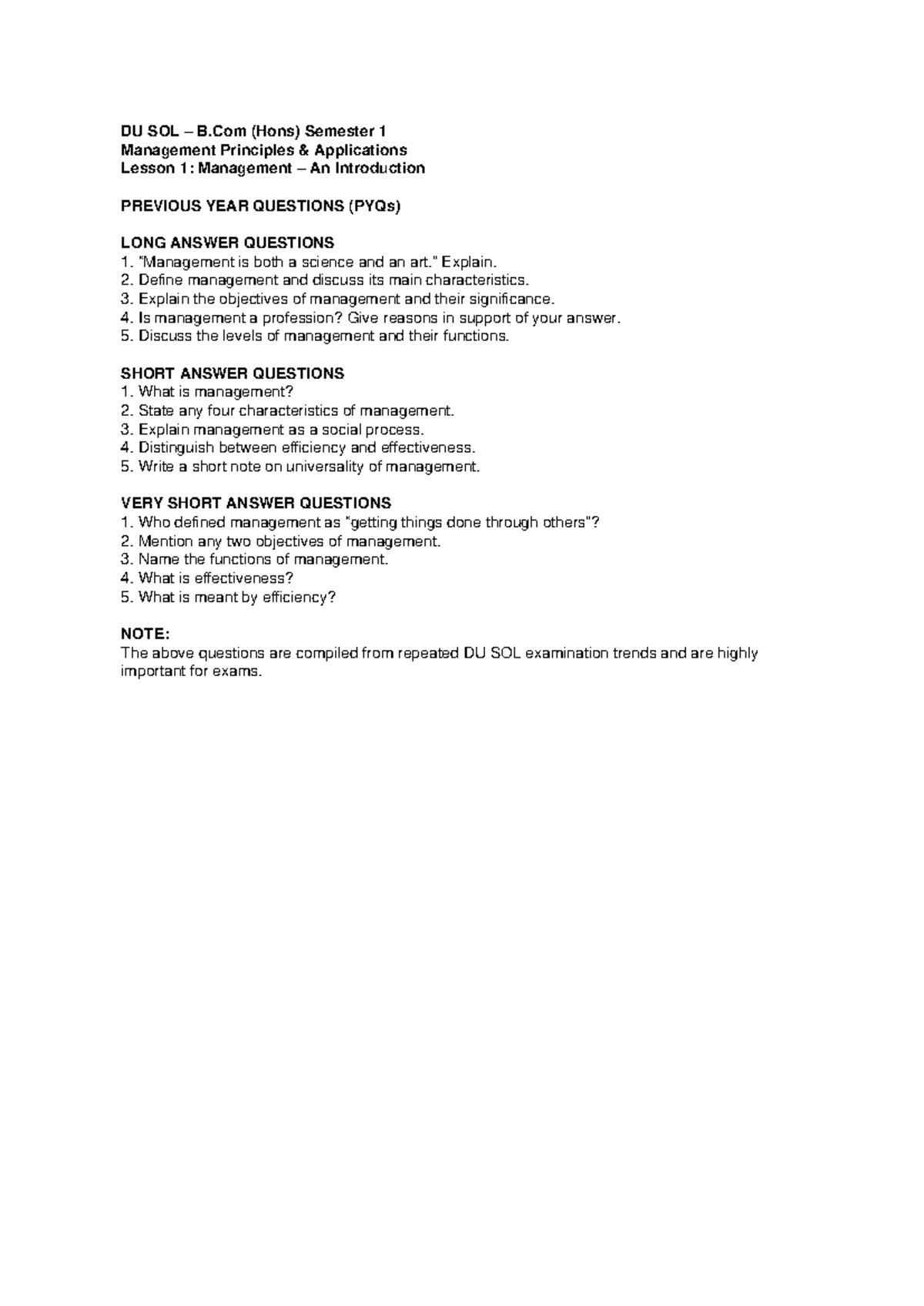 DU SOL B.Com (Hons) Sem 1 Management Principles Lesson 1 PYQs - Studocu