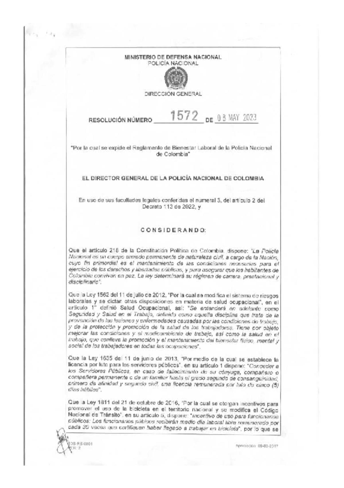 Resolución 1572 del 08/05/2023: Reglamento de Bienestar Laboral Policía ...