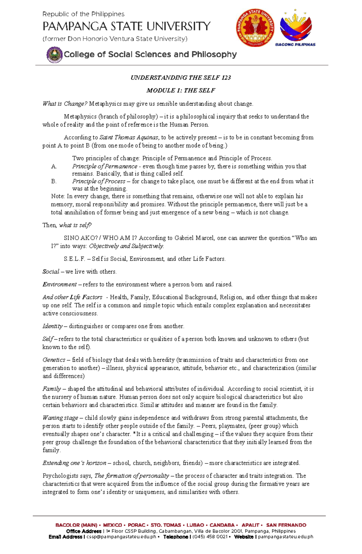 UTS 123 Lesson 1: Understanding the Self and Change - Studocu