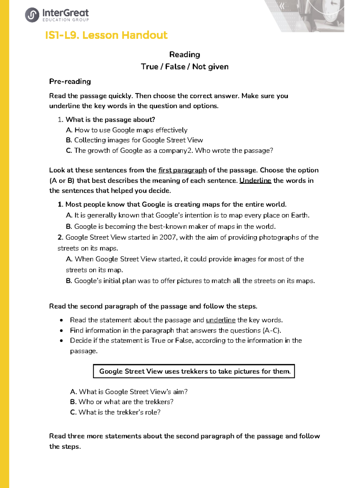 IS1-L9. Lesson Handout: True/False Reading Comprehension Exercise - Studocu