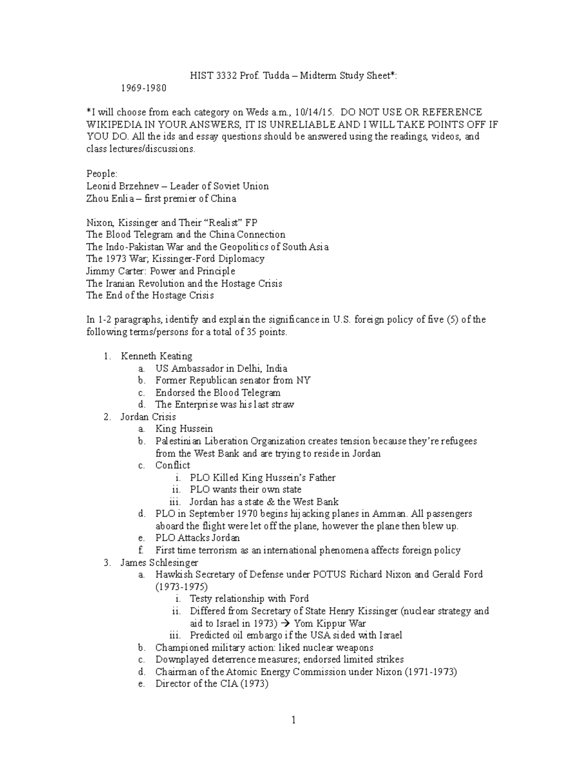 HIST 3332 Midterm Study Sheet: U.S. Foreign Policy from 1969-1980 - Studocu
