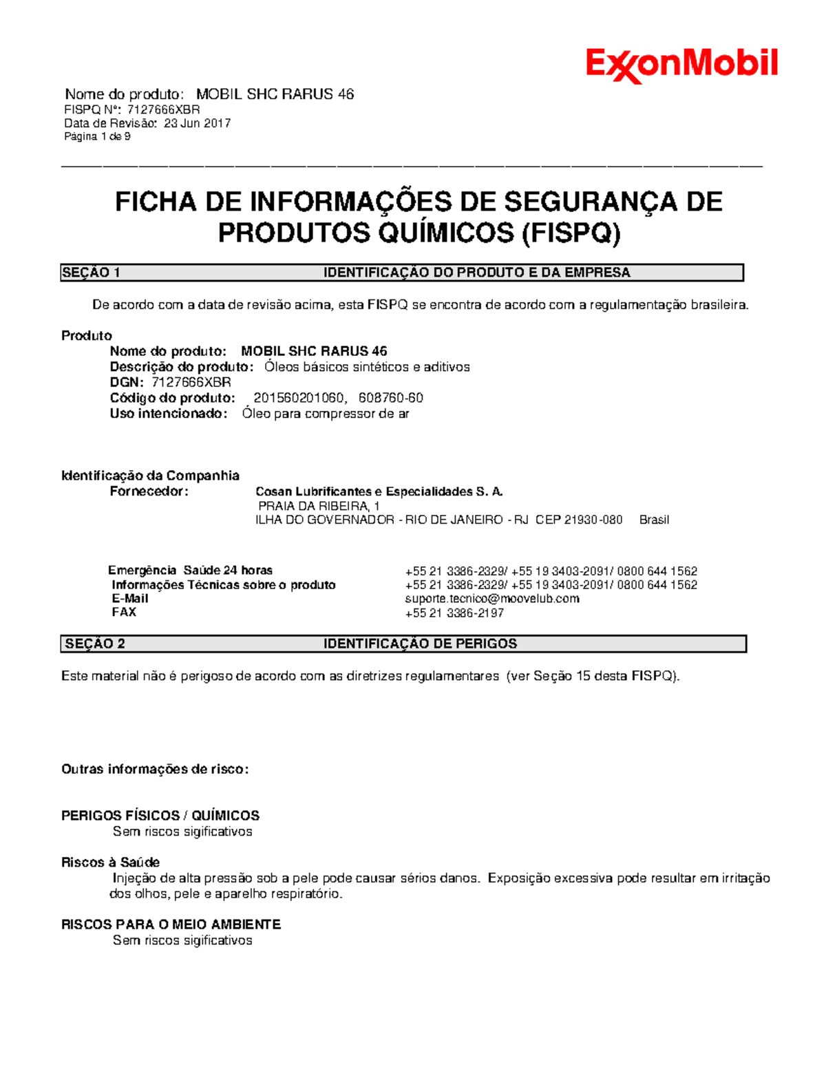 FISPQ do Produto MOBIL SHC RARUS 46 - Revisão 23 Jun 2017 - Studocu