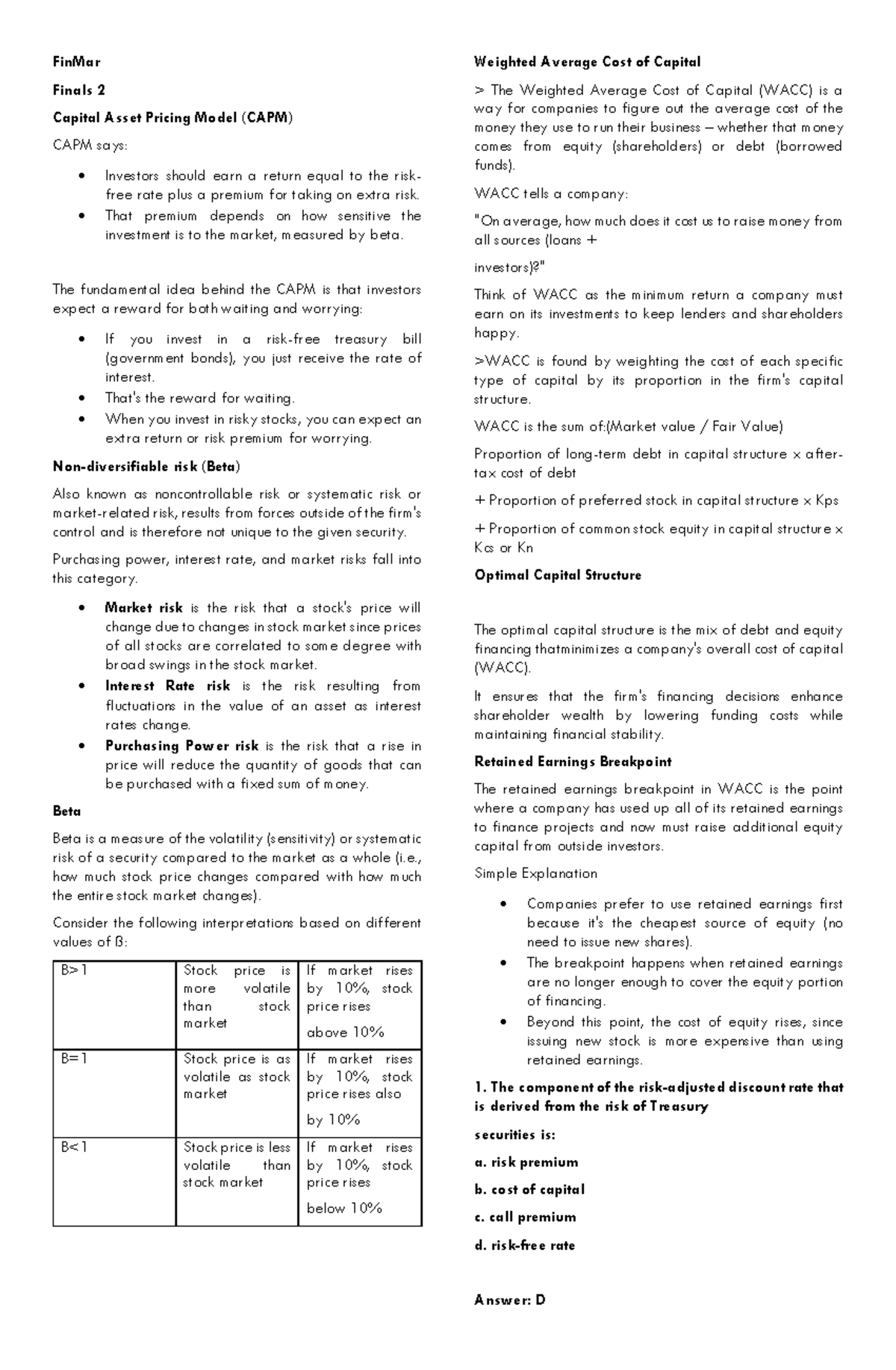 FinMar WACC Final Exam Notes: Understanding Cost of Capital - Studocu