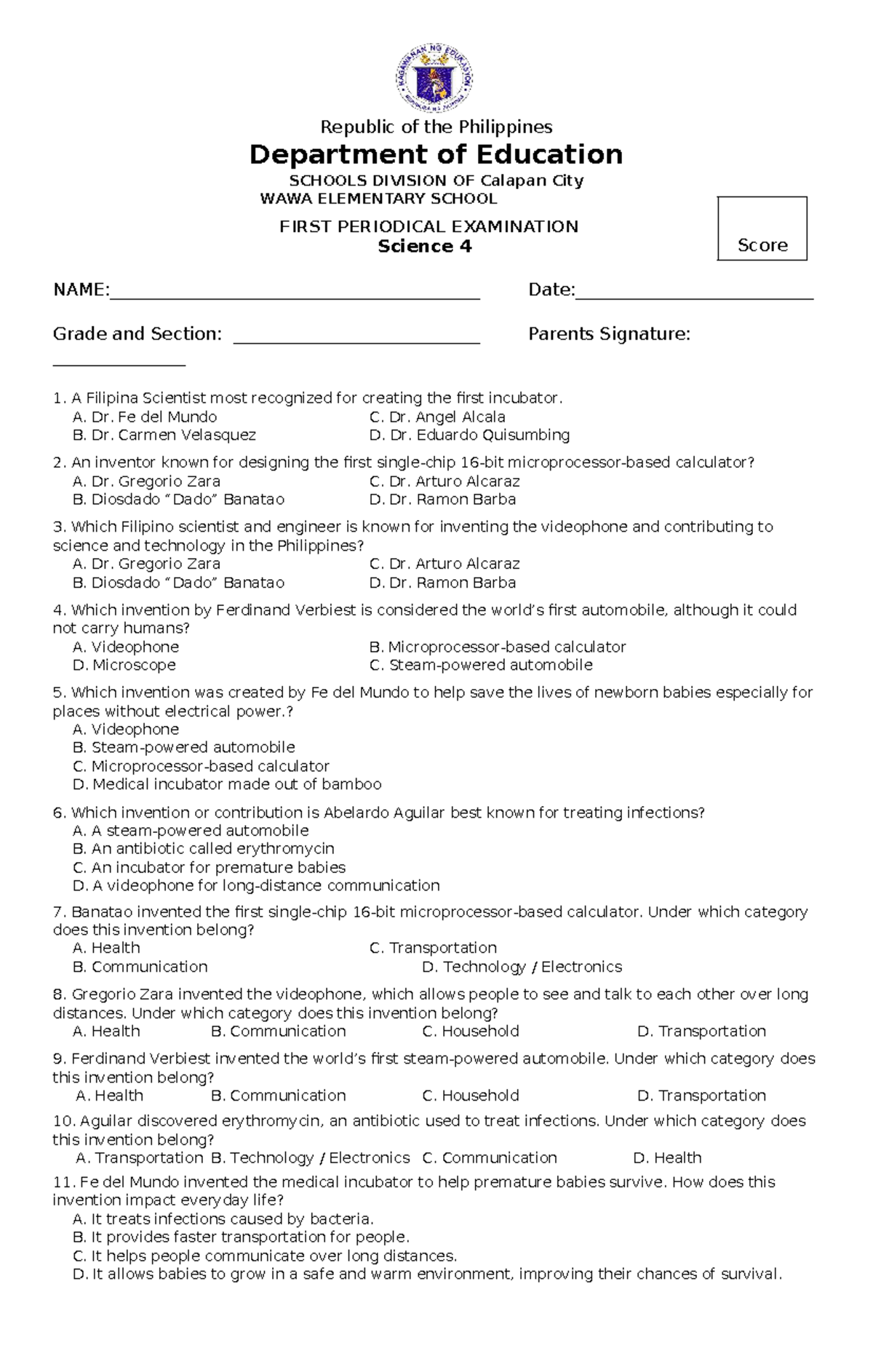 Science 4 1st Periodical Test - Exam Questions and Answers - Studocu