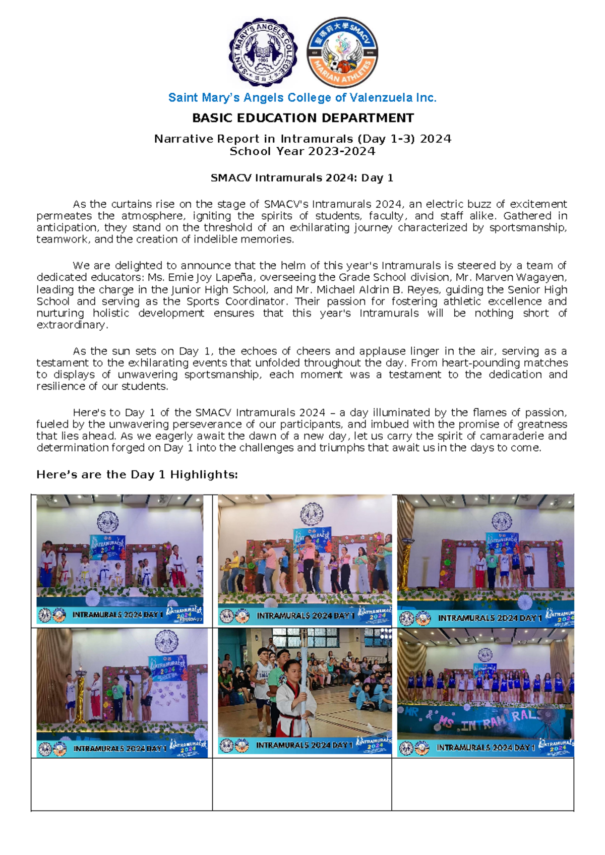 23-24 SMACV Intramurals Narrative Report: Days 1 to 3 Summary - Studocu