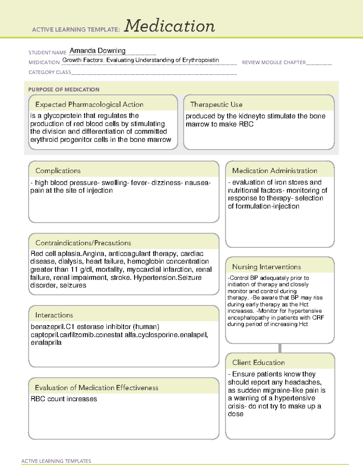 ATI Medication Template: Erythropoietin - Active Learning Guide - Studocu