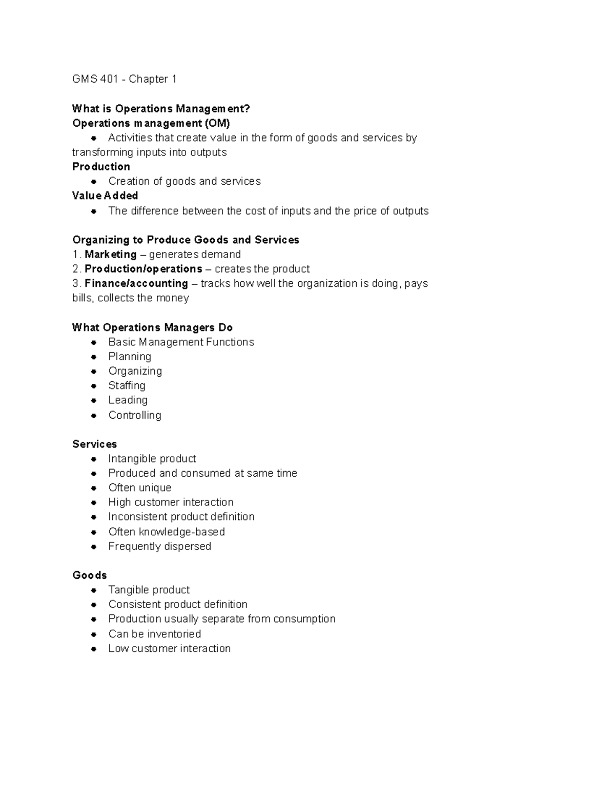 GMS401 - Comprehensive Chapter 1 Notes on Operations Management - Studocu