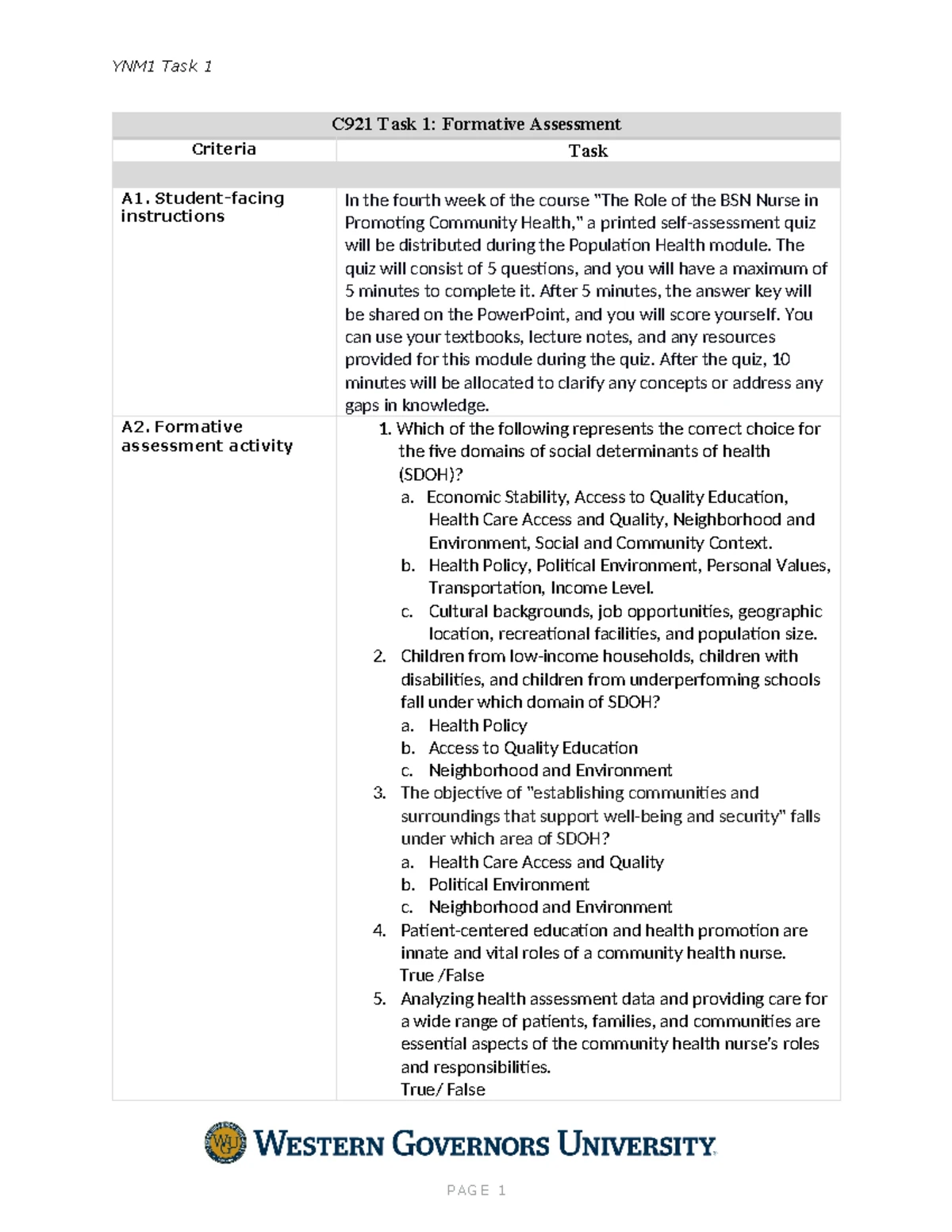 C921 Formative Assessment Template - YNM1 Task 1 Quiz Details - Studocu