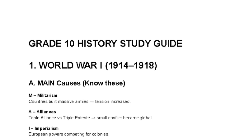 Grade 10 History Study Guide: WWI to Cold War Overview - Studocu