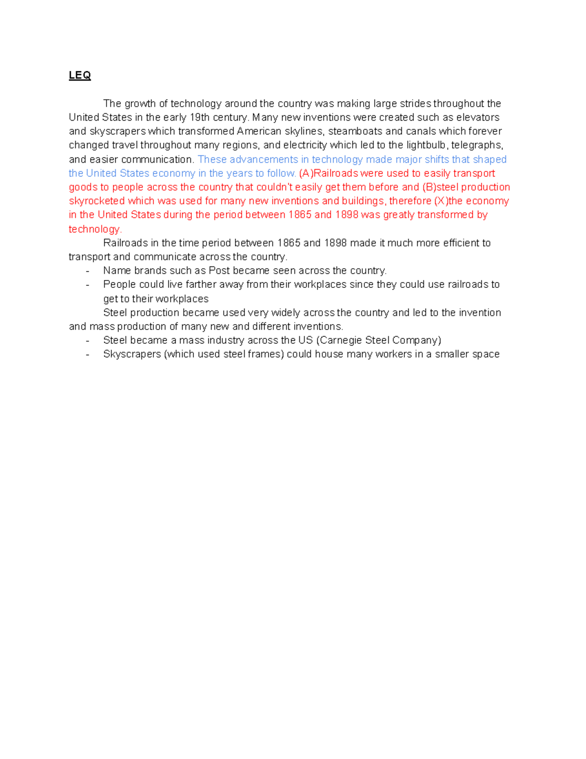 APUSH Exam Practice: LEQ & DBQ on 19th Century Tech Growth - Studocu