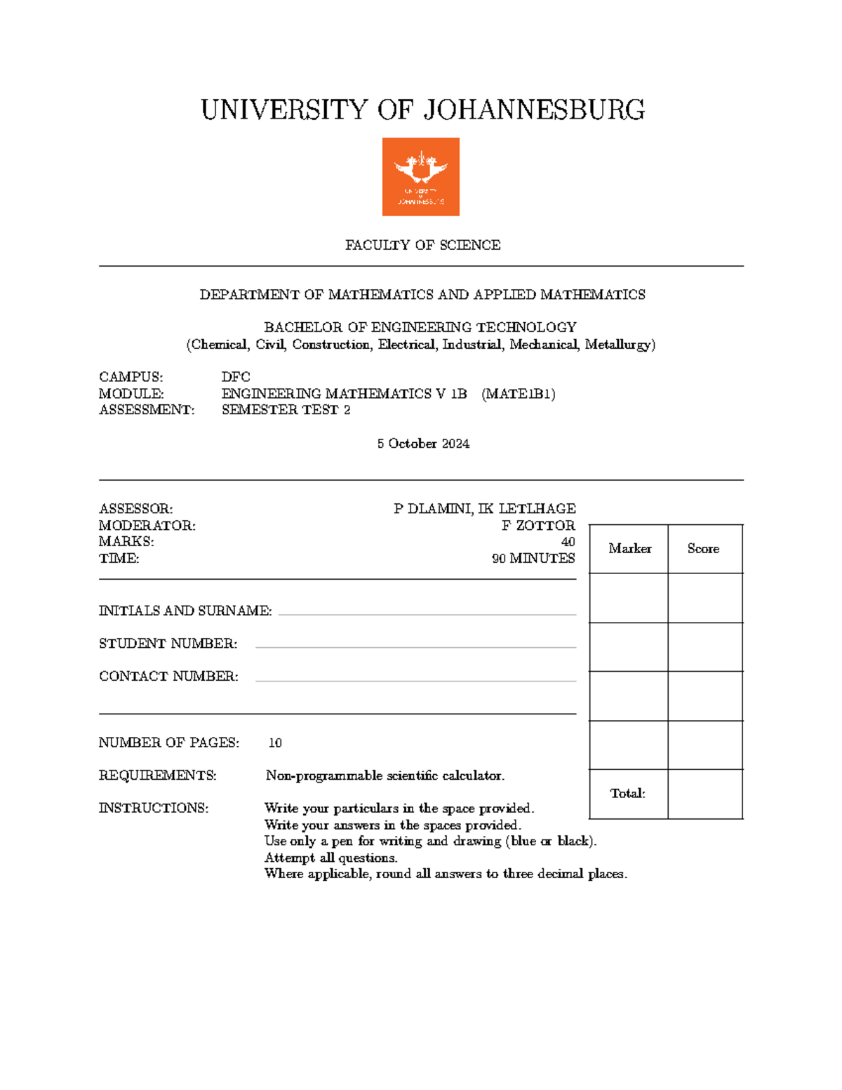 MATE1B1 Engineering Mathematics Test 2 Practice Past Paper - Studocu