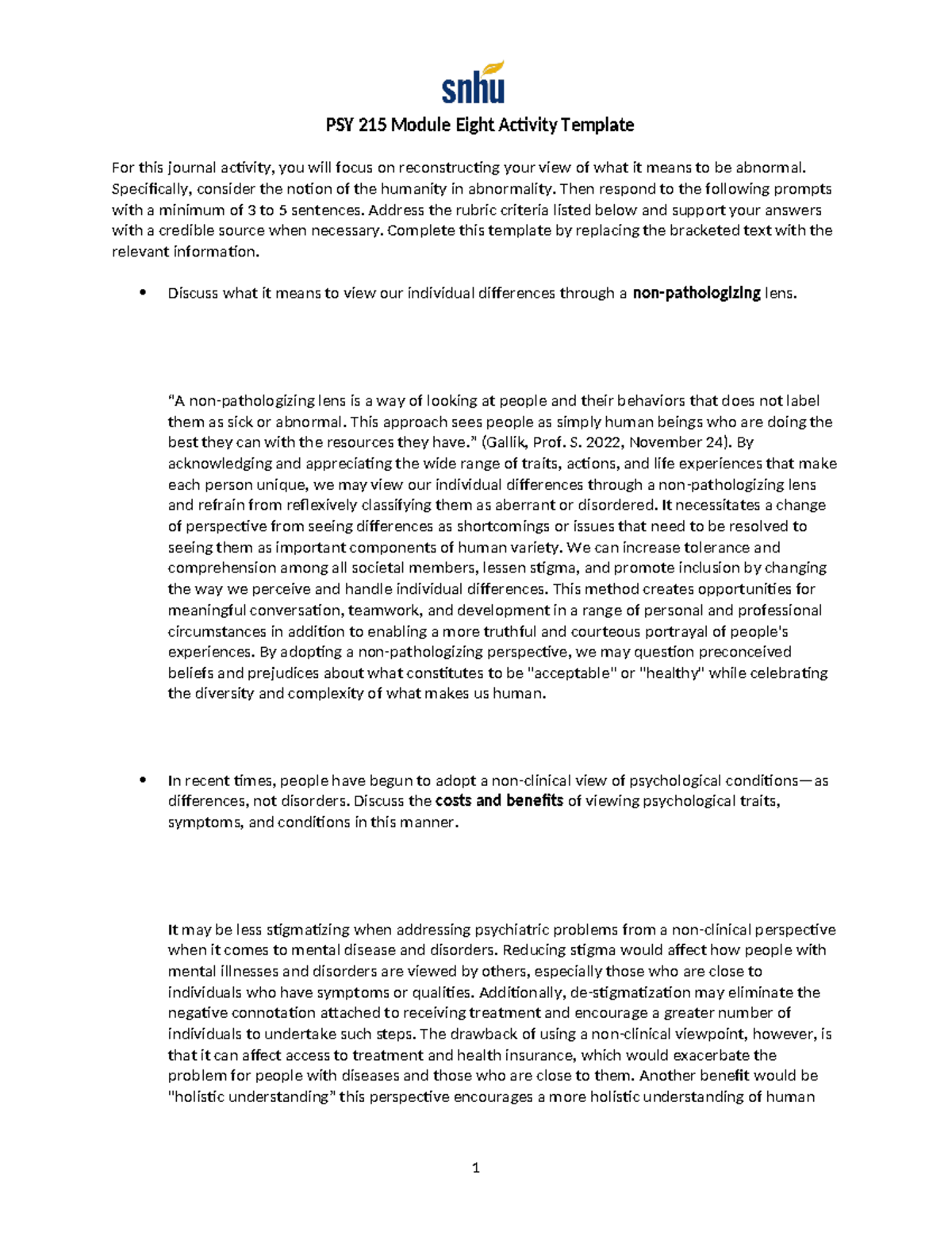 PSY 215 Module Eight Activity: Understanding Abnormality Perspectives ...