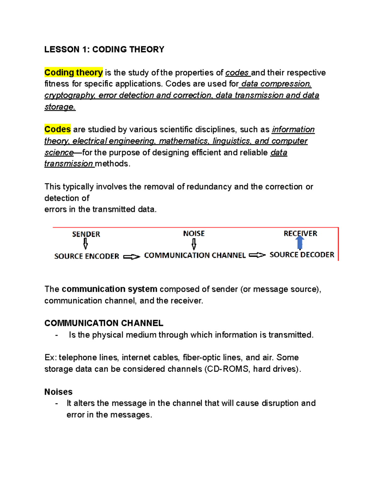 MATM- Finals - NONE - LESSON 1: CODING THEORY Coding theory is the ...