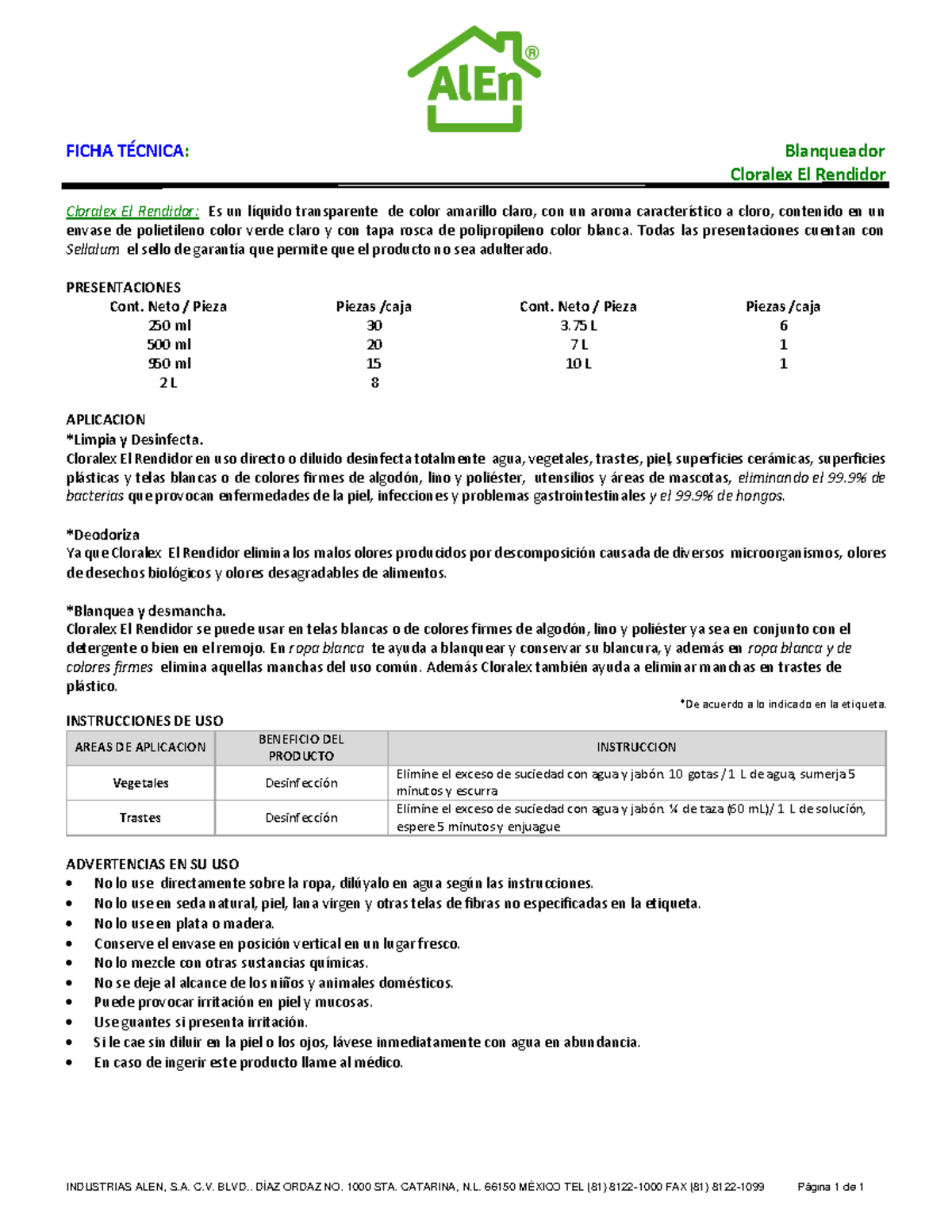 Cloralex Ficha tecnica con instrucciones Abr 2018 - INDUSTRIAS ALEN, S ...