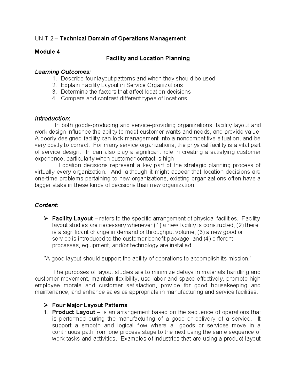 Operations Management (OM) UNIT 2: Facility & Location Planning ...