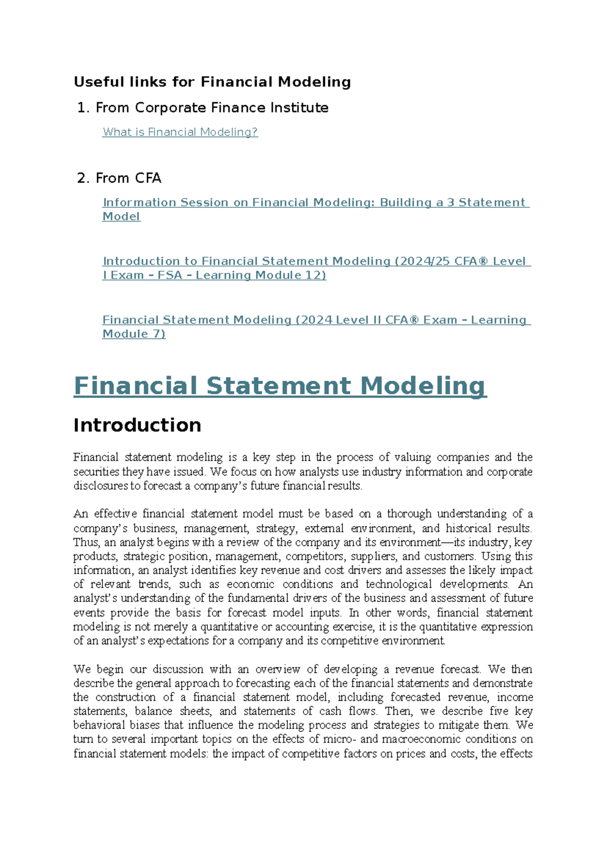 Useful Links for CFA Level I & II Financial Modeling Resources - Studocu