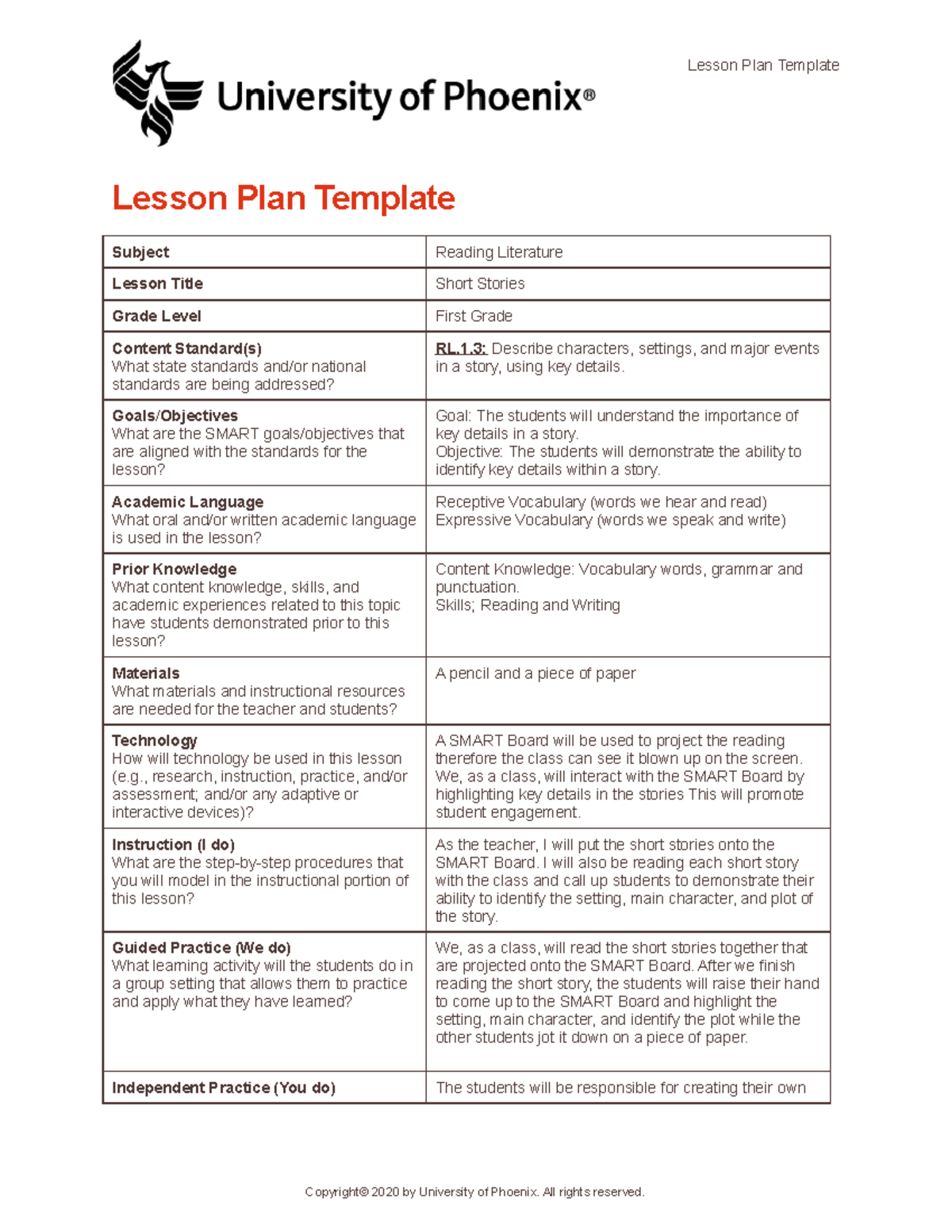Lesson Plan Template for Reading Literature (1st Grade) - Studocu