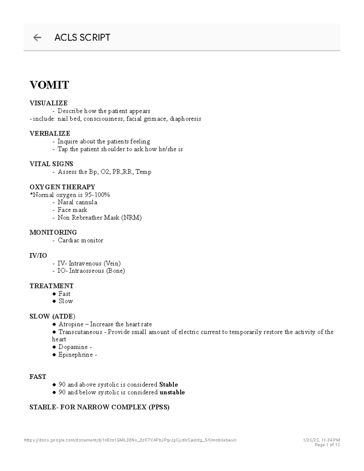 ACLS SCRIPT: Patient Assessment and Emergency Treatment Protocols - Studocu