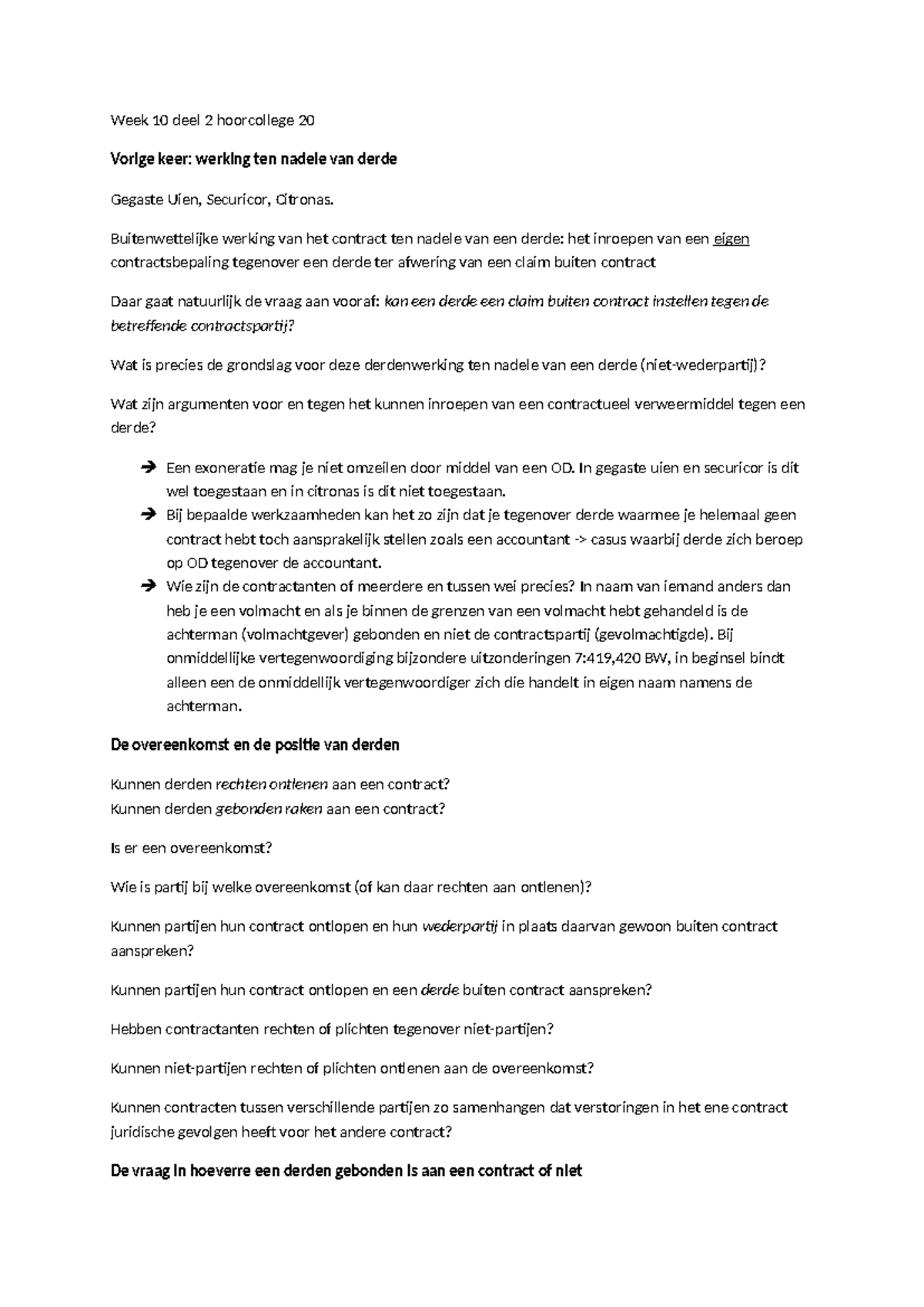 HC Week 10 Deel 2: Derdenwerking en Contractuele Aansprakelijkheid - Studeersnel