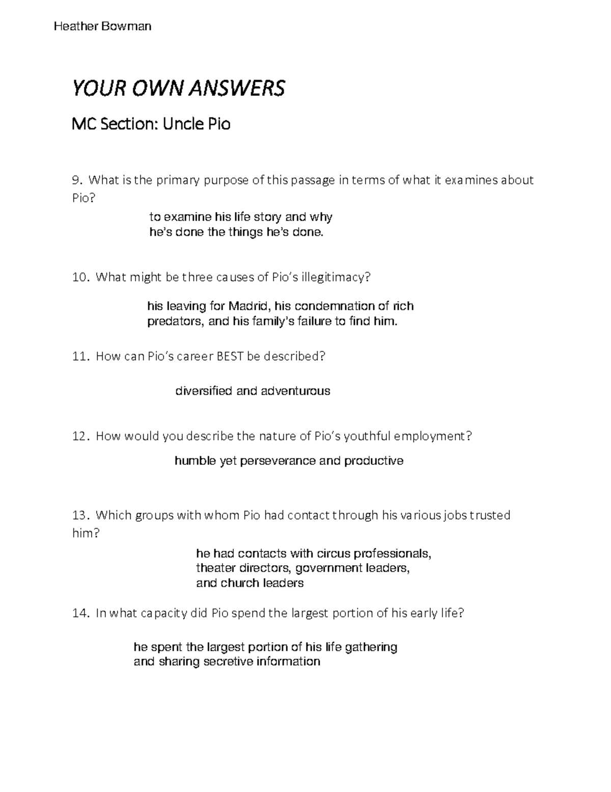 Your Own Answers: MC Section on Uncle Pio Insights - Studocu