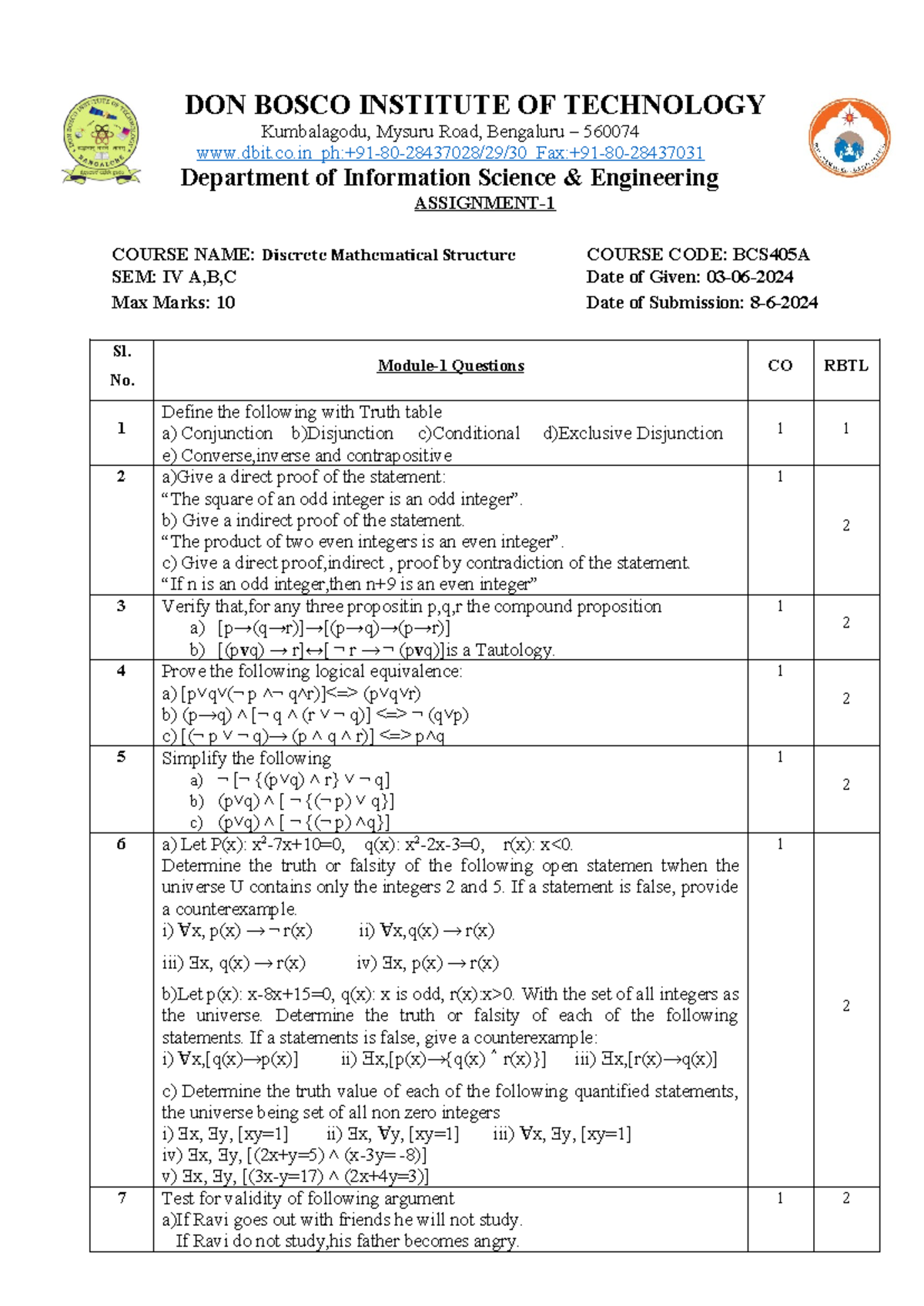 DMS Assignment-1: Discrete Mathematical Structures (BCS405A) - Studocu