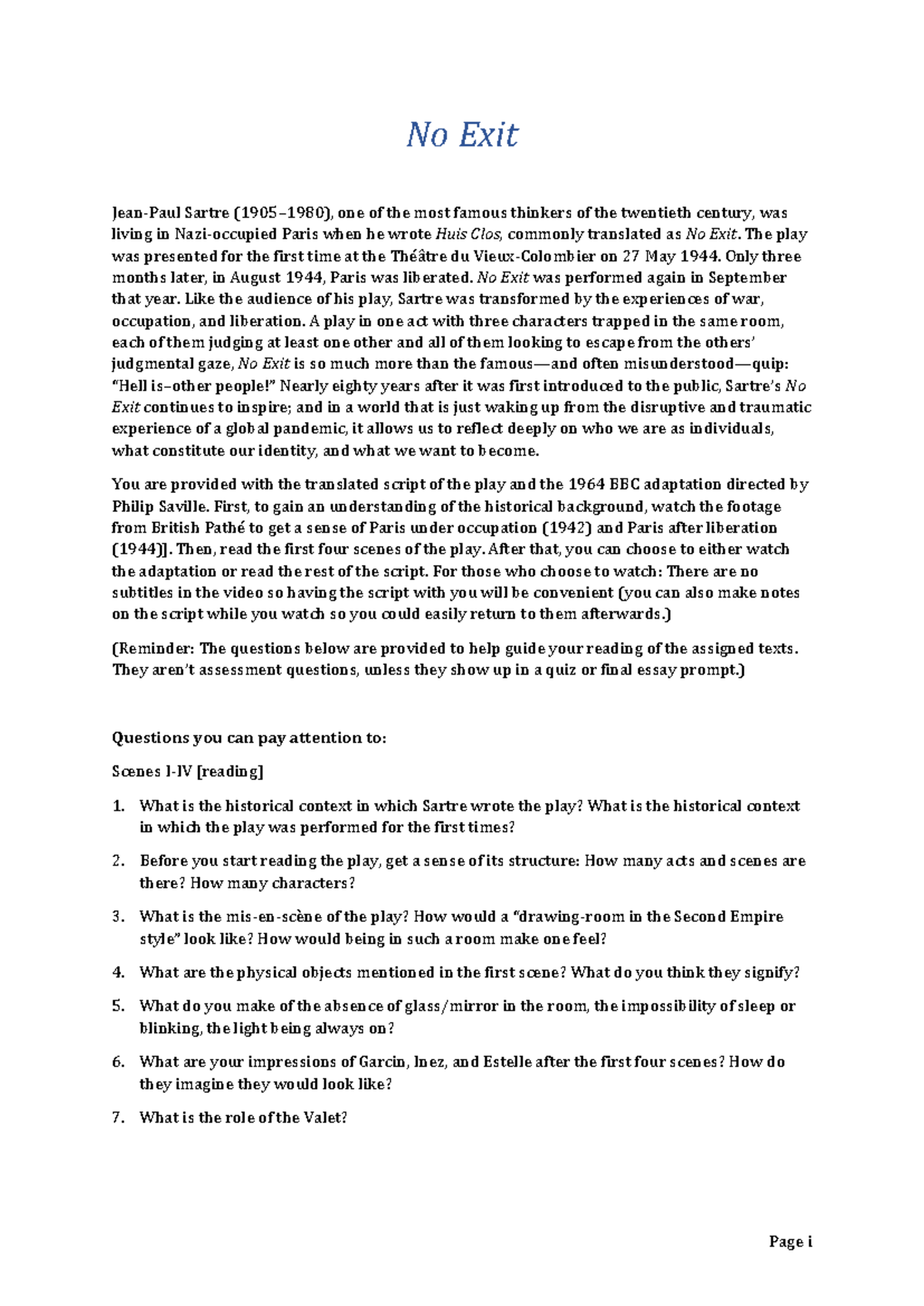 4 JP Sartre - No Exit - Reading Material and Analysis Guide - Studocu