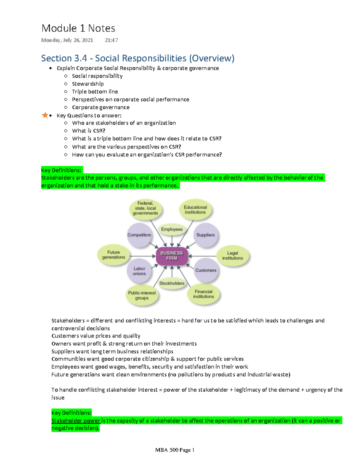 Module 1 - MBA 500 Notes - Module 1 Notes Monday, July 26, 2021 21:47 ...