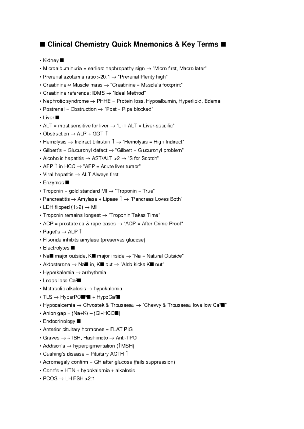 Clinical Chemistry Quick Mnemonics: Key Terms & Concepts - Studocu