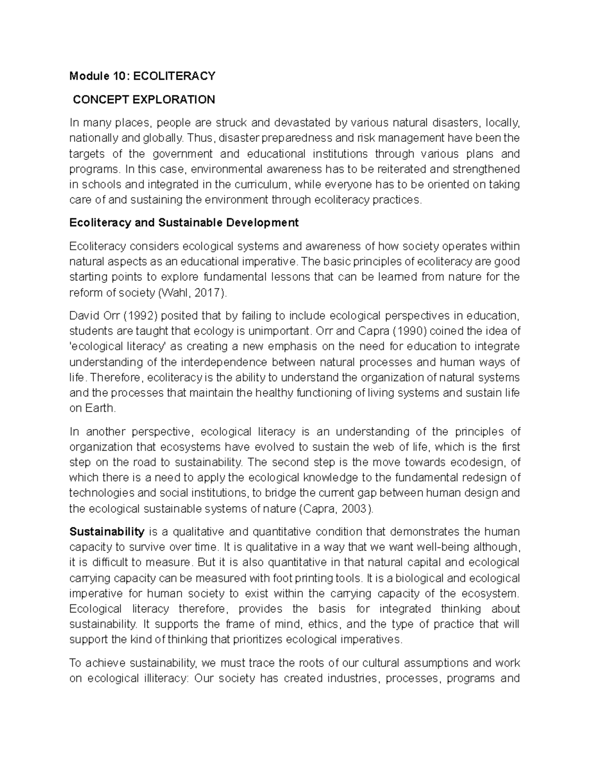 Module 10: Ecoliteracy Concepts for Final Exam Preparation - Studocu