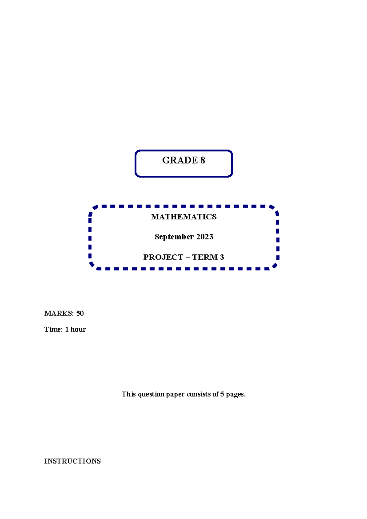 Grade 8 Mathematics Project - Term 3 September 2023 - Studocu