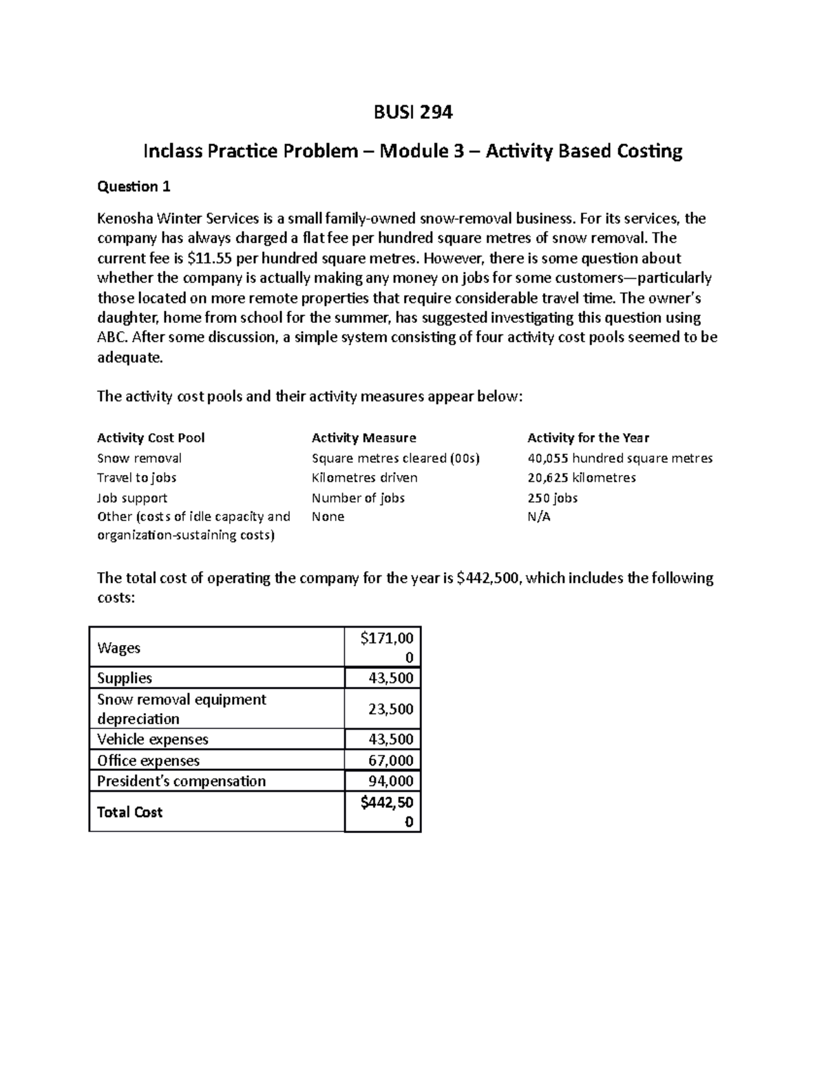 BUSI 294 In-Class Practice Problem 1: Activity-Based Costing Analysis ...