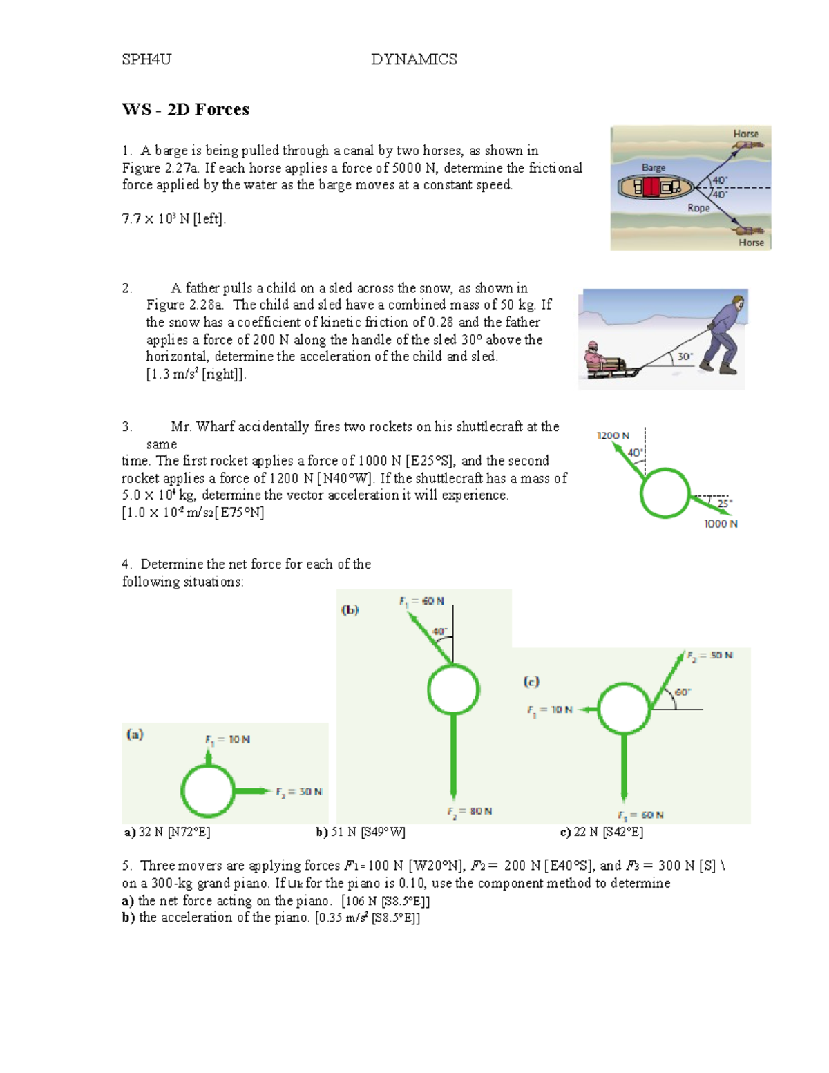 SPH4U Dynamics Worksheet: 2D Forces Analysis - Studocu