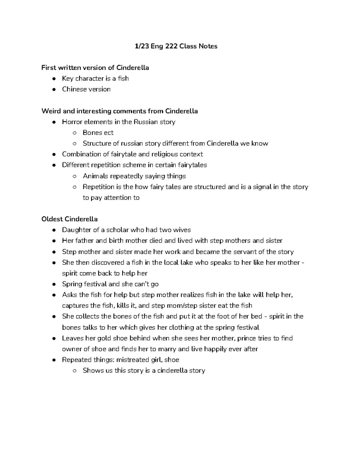1 23 Eng 222 Class Notes - Fairy Tales - 1/23 Eng 222 Class Notes First ...