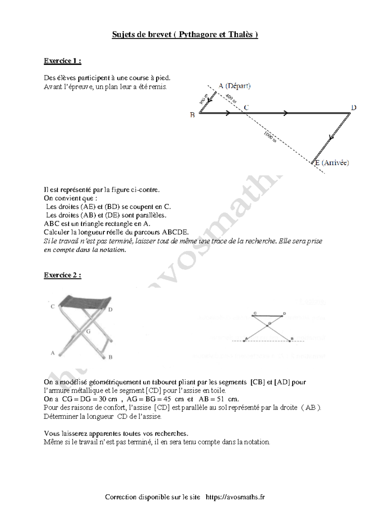 Sujets Brevet Maths 3eme : Thalès & Pythagore 2012 (Ch4) - Studocu
