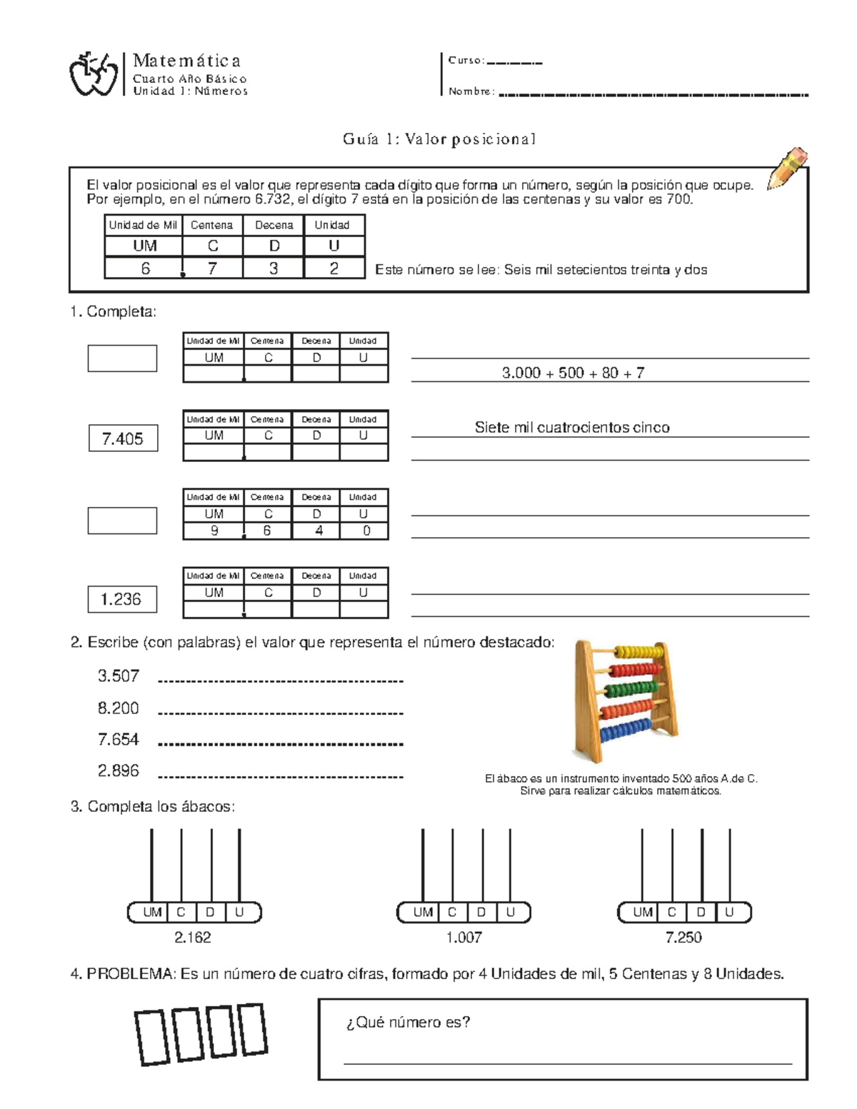 Guía 1-7: Valor Posicional y Comparación de Números - Matemática 4 ...