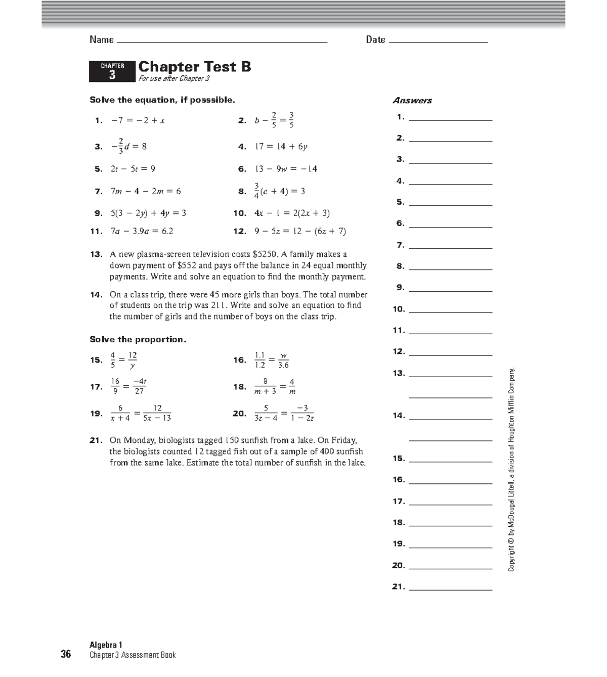 Algebra 1 CH 3 Practice Test B: Equation Solving and Proportions - Studocu
