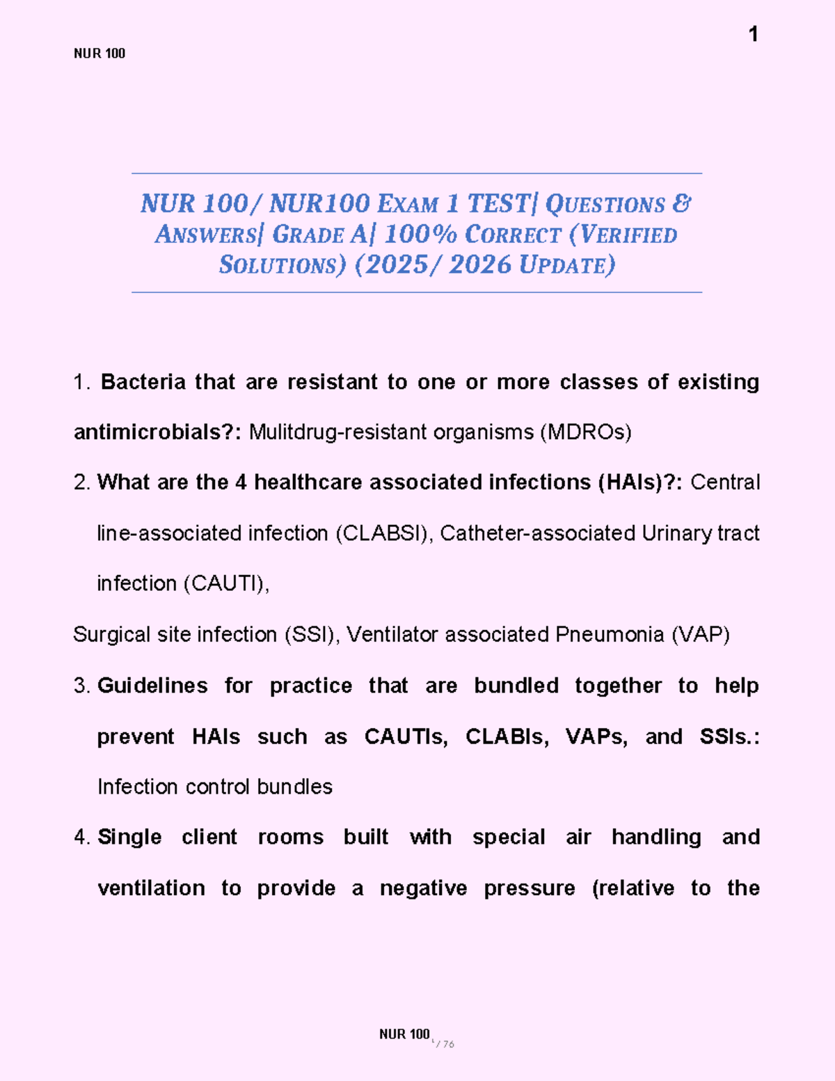 NUR 100 Exam 1 Questions & Verified Solutions (2026 Update) - Studocu