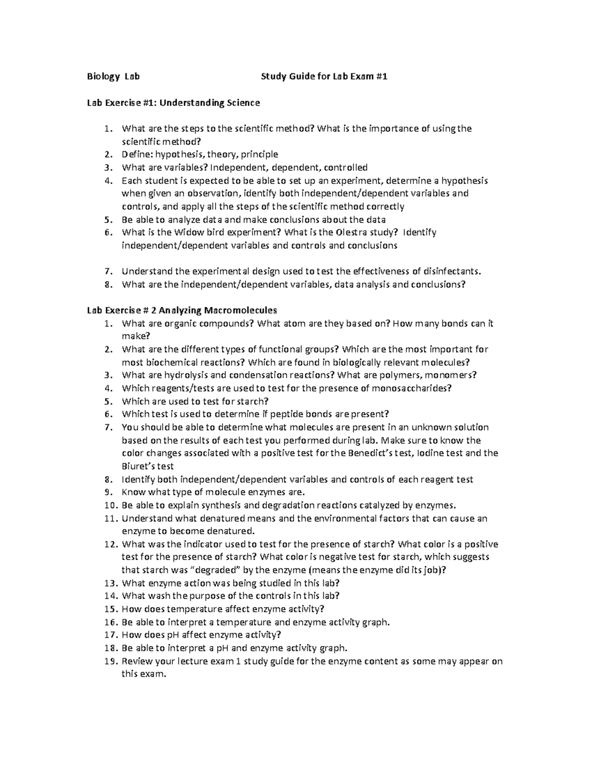Biology 1 Lab Exam #1 Study Guide: Key Concepts and Experiments Review ...