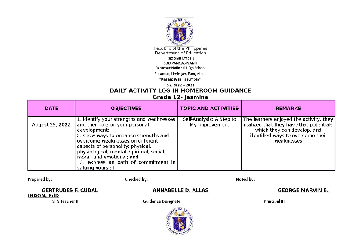 HGP-Activity Log: Homeroom Guidance Program for Grade 12 Students - Studocu