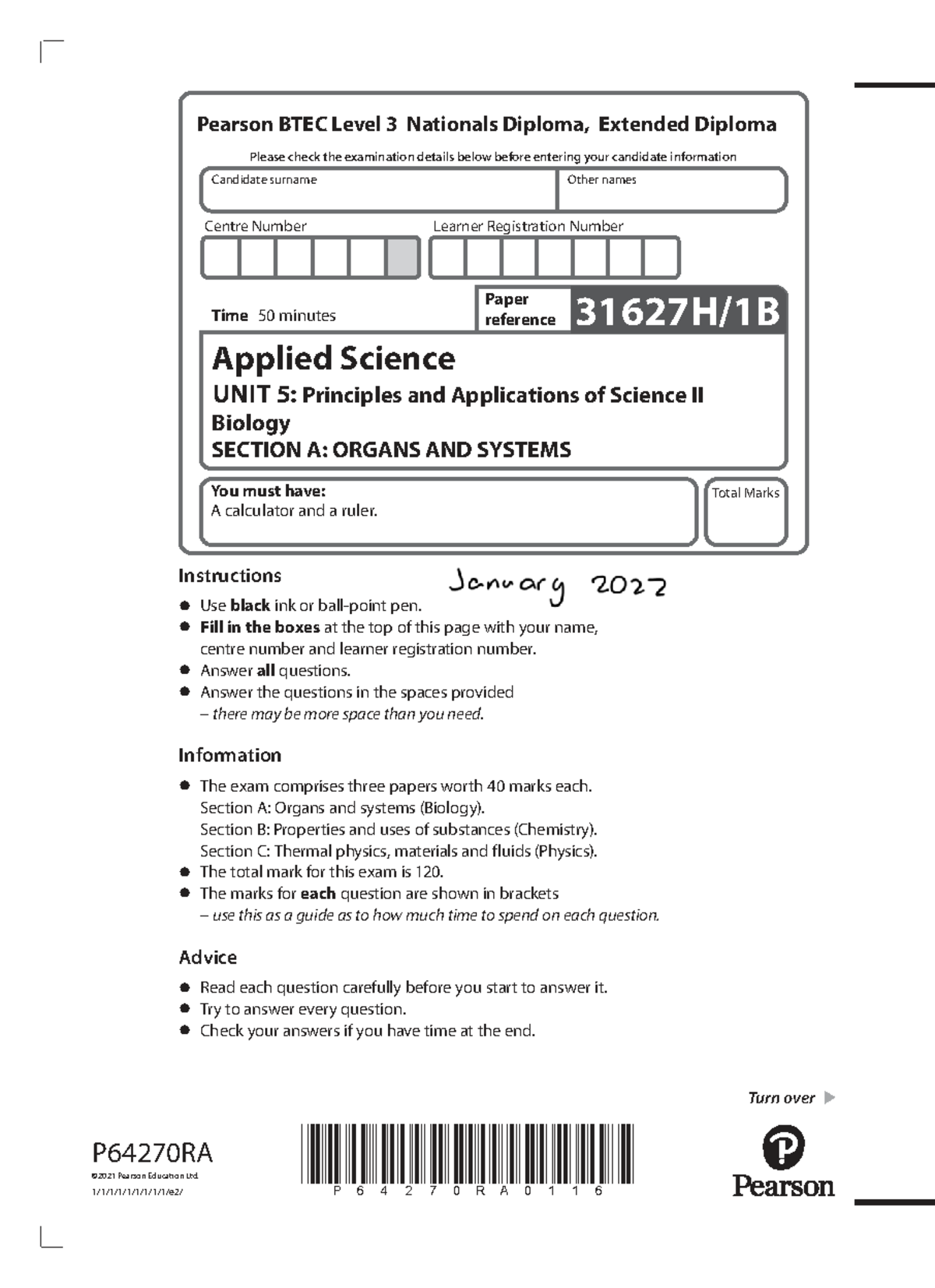 BTEC Level 3 Applied Science Unit 5 Exam Paper (P64270) - Studocu