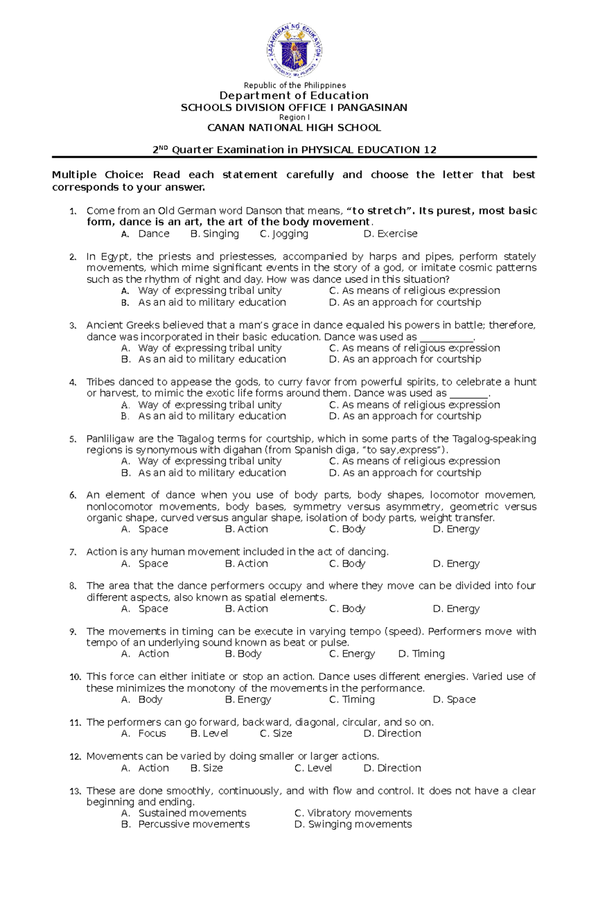 PE 12 exam - examination in PE - Republic of the Philippines Department ...