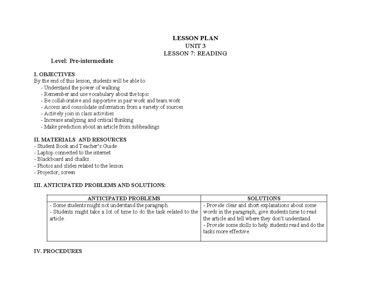 Lesson Plan Unit 3: Reading Strategies and Activities - Studocu