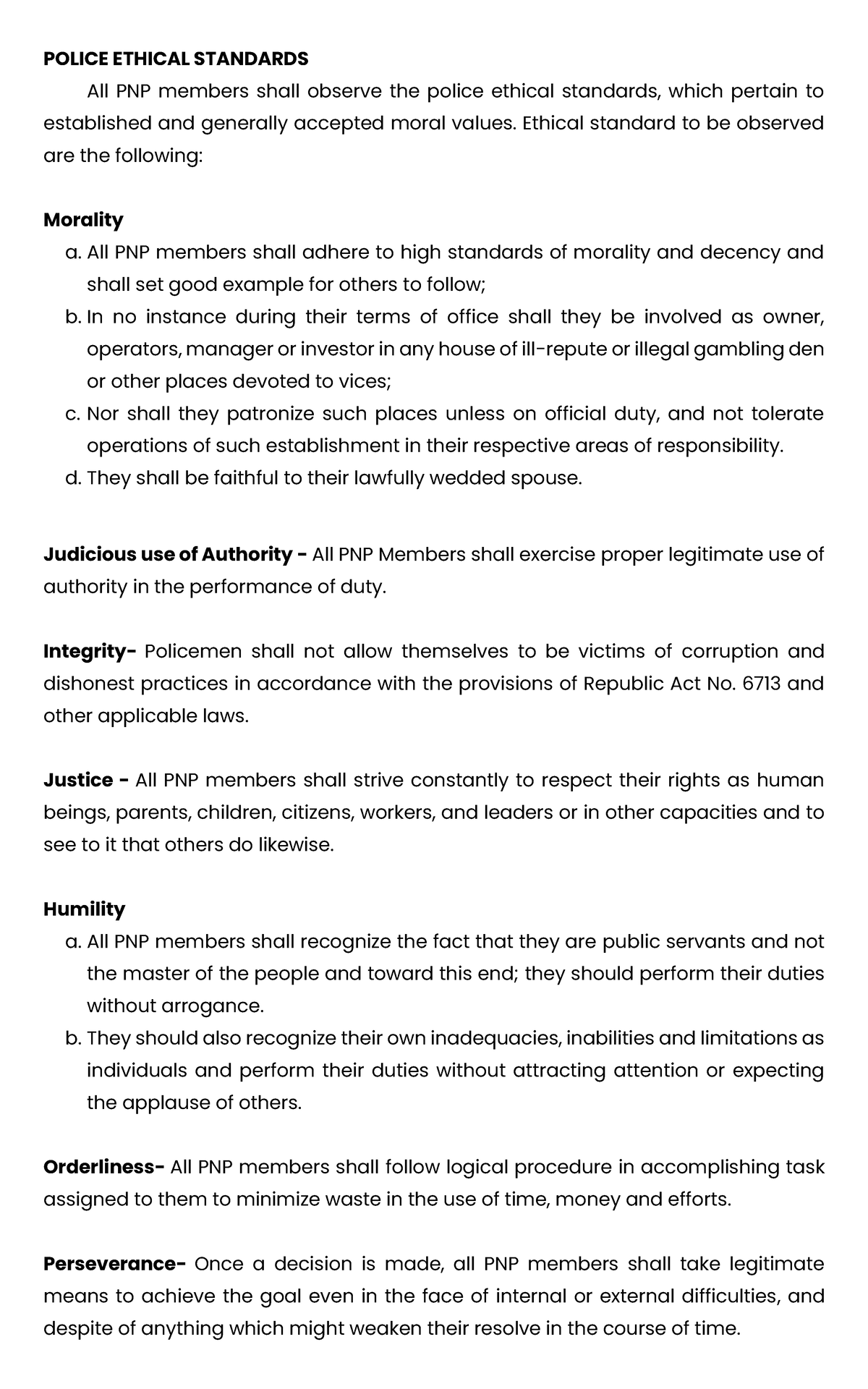PNP Ethical Standards: Guidelines for Police Conduct and Morality - Studocu