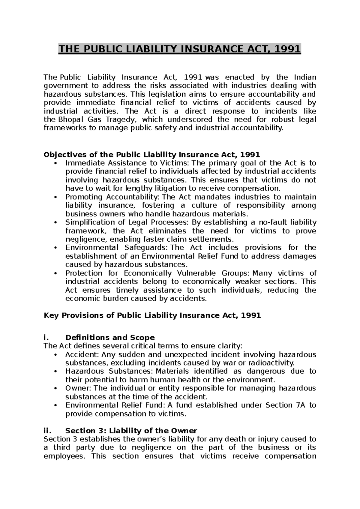 Public Liability Insurance Act, 1991: Key Provisions & Impacts - Studocu