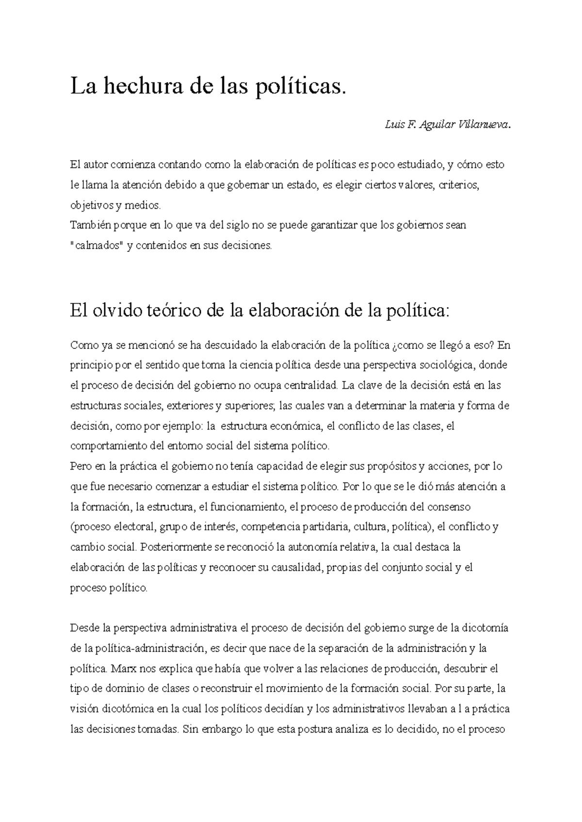 La hechura de las políticas: Análisis y perspectivas teóricas - Studocu